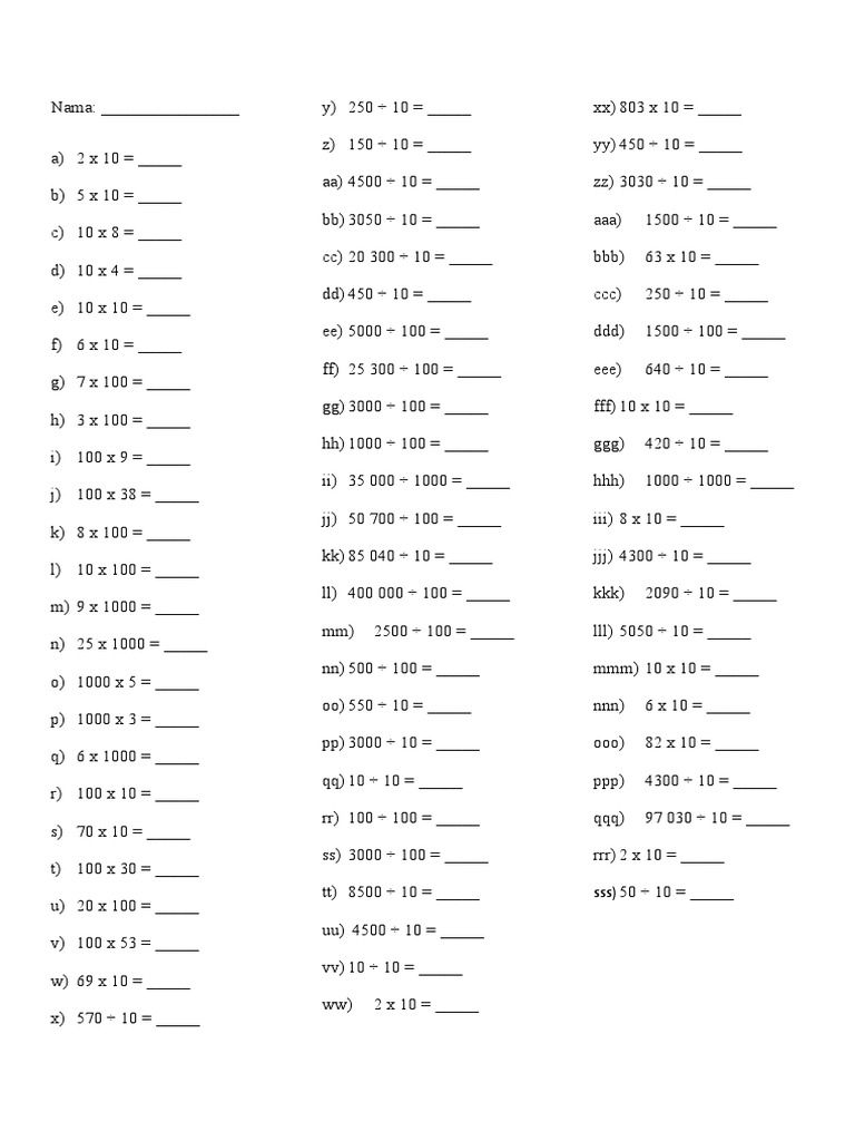 Latihan Darab Dan Bahagi-10, 100, 1000 | PDF