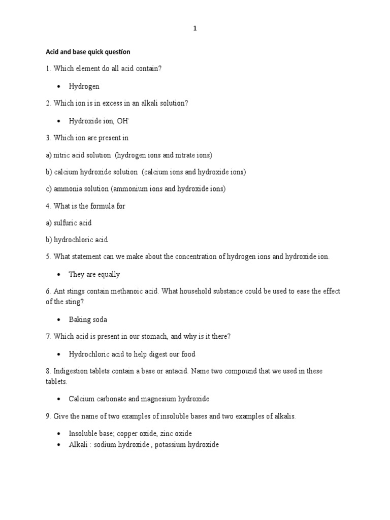 Acid and Base Quick Question IGCSE | PDF | Hydroxide | Acid