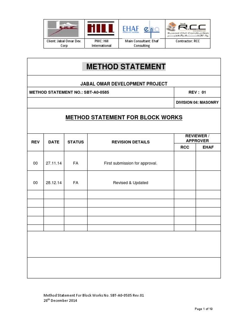 Method Statement For Block Works - Rev01 | PDF | Masonry | Economic Sectors