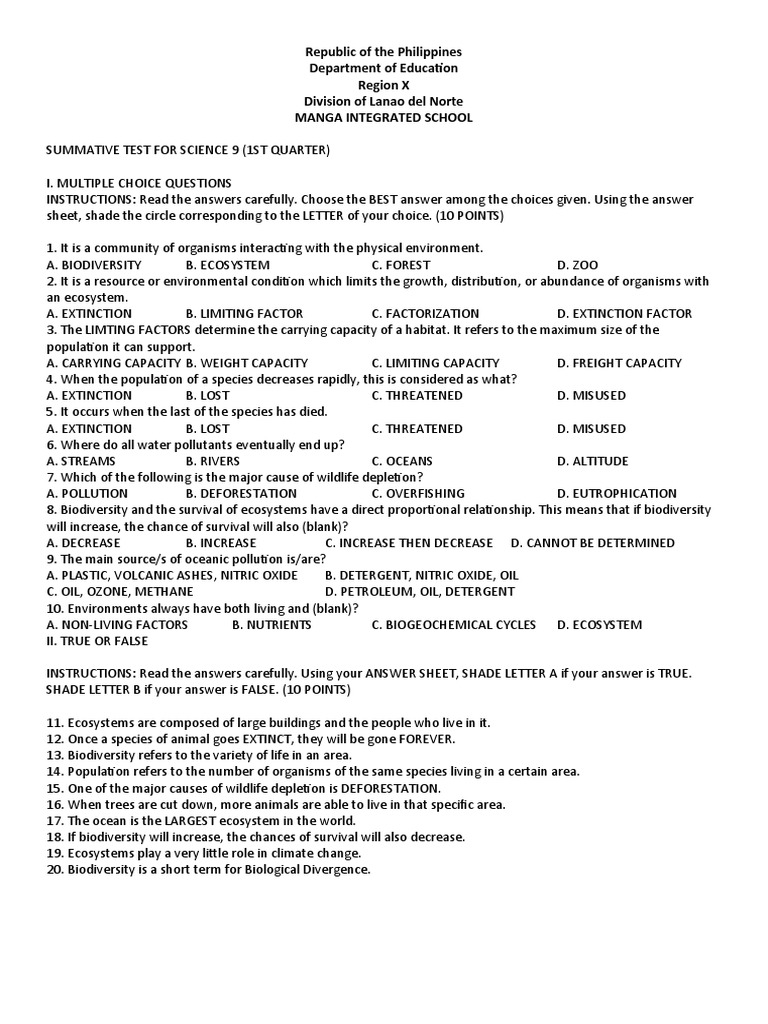 9 Science Summative Test | PDF | Ecosystem | Extinction
