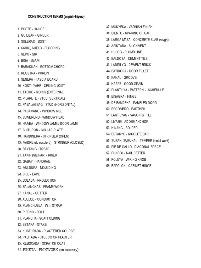 Construction Terms in English and Filipino | PDF | Framing ...