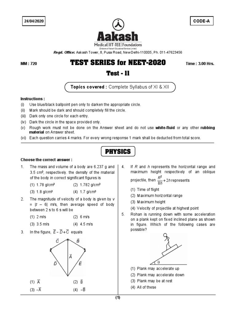 FTS - 11 (Code-A) - 24-04-2020 PDF | PDF | Electronvolt | Rotation Around A Fixed Axis