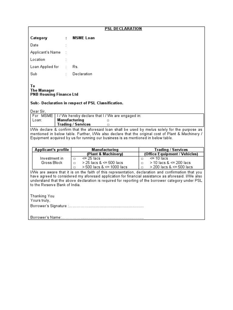 PSL Declaration for MSME Loan Application | PDF | Loans | Economies