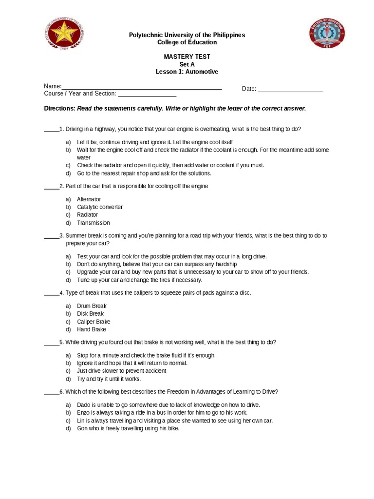 Automotive Mastery Test Set A | PDF | Manual Transmission | Automatic ...
