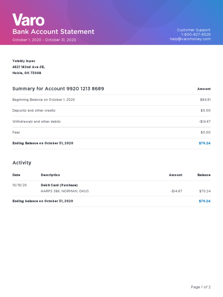 Varo Bank Account October 2020 | PDF | Financial Transaction | Debit Card