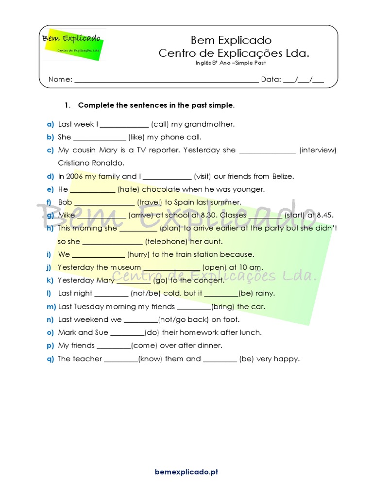 1.3 - Ficha de Trabalho - Past Simple | PDF