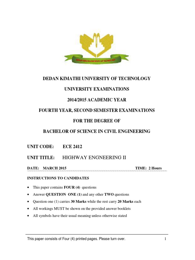 Print ECE 2412 HIGHWAY ENGINEERING II 2014-2014 Exam | PDF | Road ...
