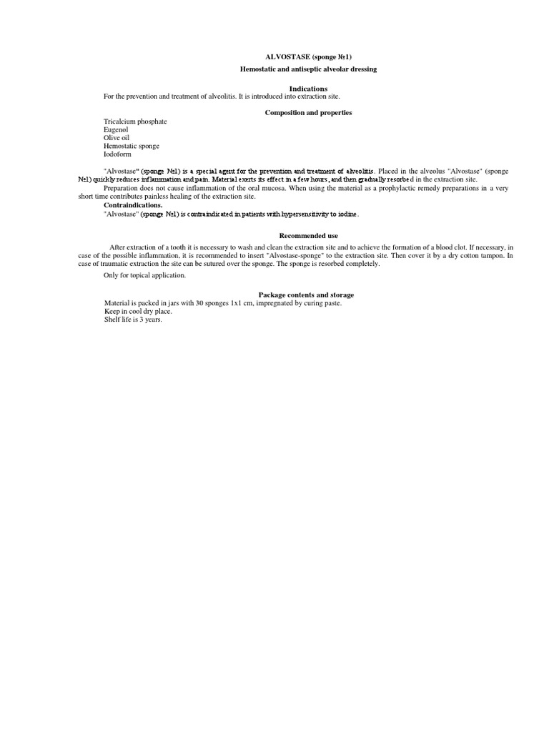Alvostase: Hemostatic Alveolar Dressing | PDF
