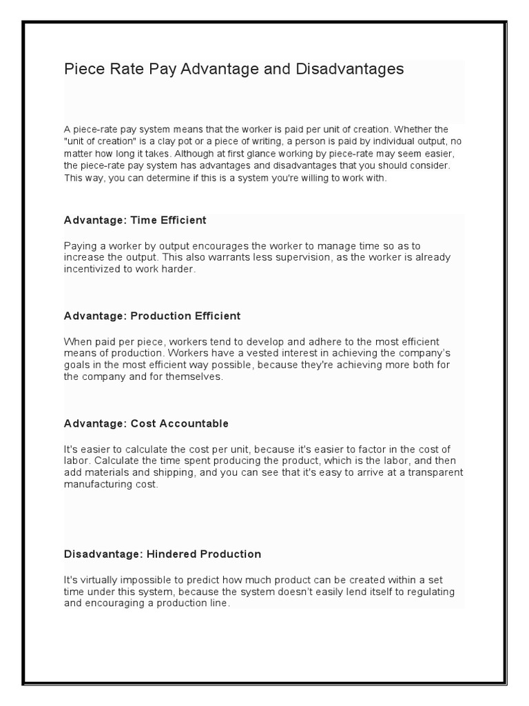 Piece Rate Pay Advantage and Disadvantages | PDF | Piece Work | Labor