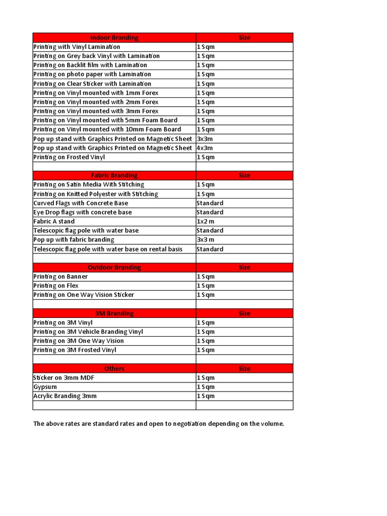 Rate Card - Digital Printing Qatar | PDF | Materials | Textiles