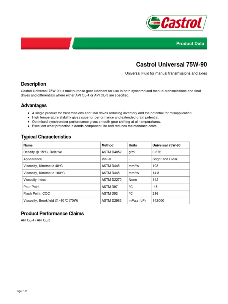 Castrol Universal 75W-90 | PDF | Viscosity | Nature