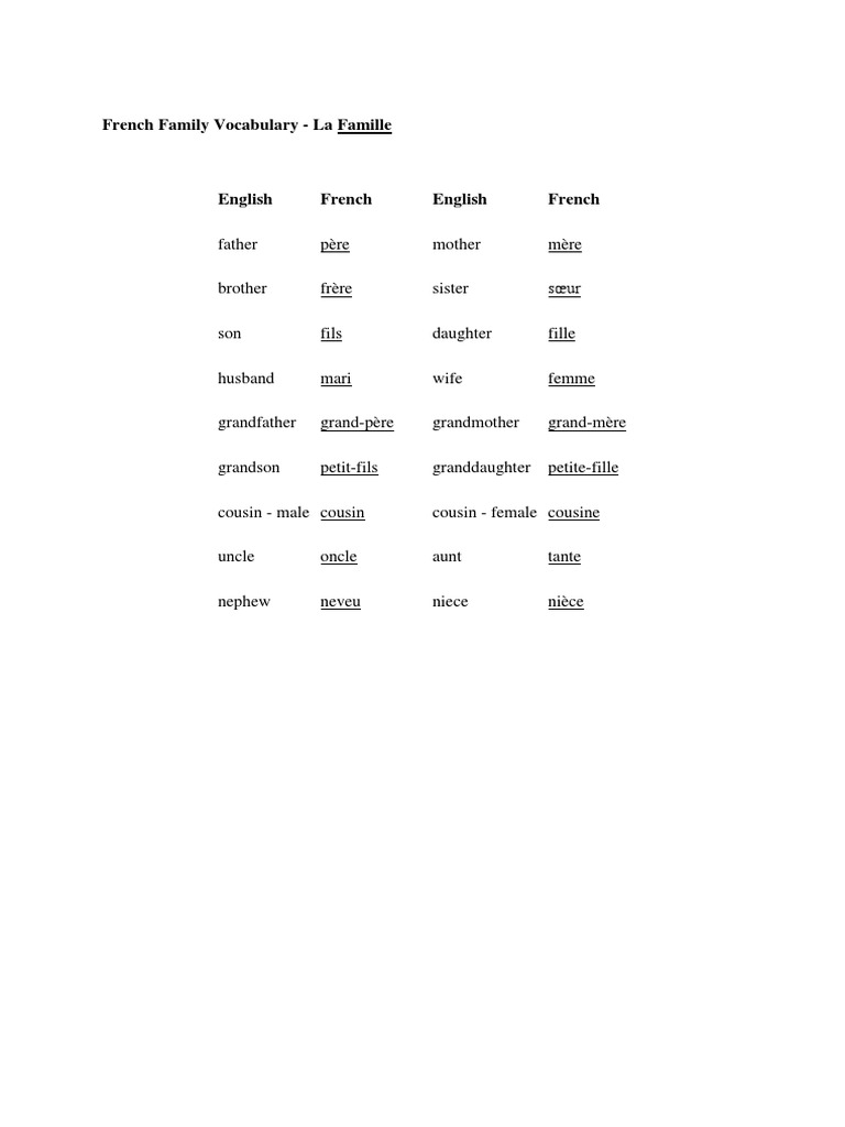 Vocabulaire de la famille en français | PDF