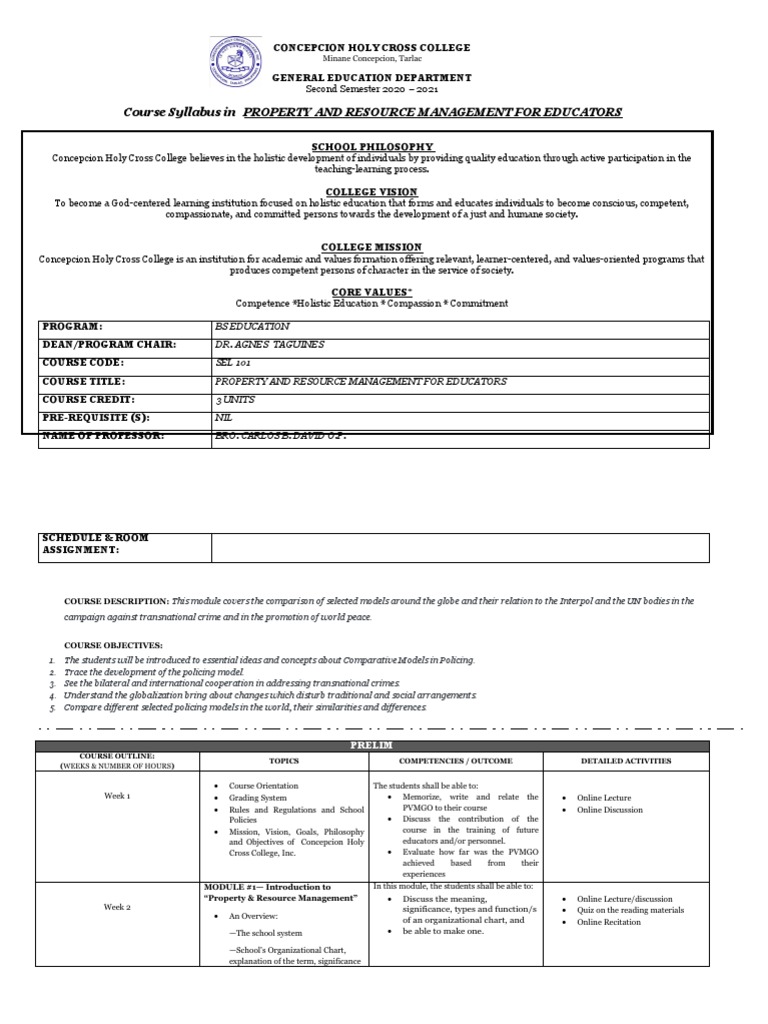 Course Syllabus in Property and Resource Management For Educators | PDF ...