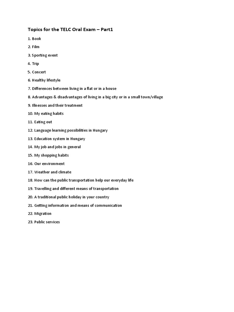 TELC Oral Exam Topics Part 1 | PDF