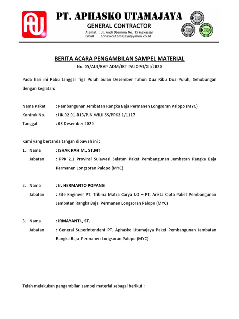 BERITA ACARA PENGAMBILAN SAMPEL MATERIAL Edited | PDF