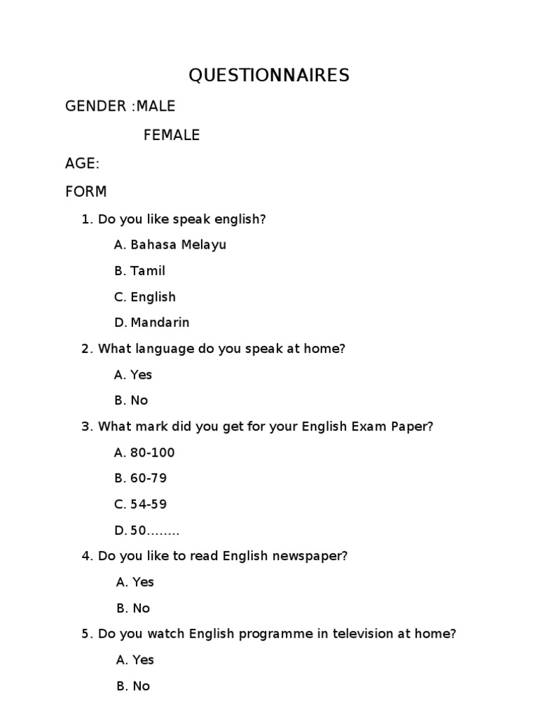 QUESTIONNAIRES | PDF | Languages | Language Arts & Discipline