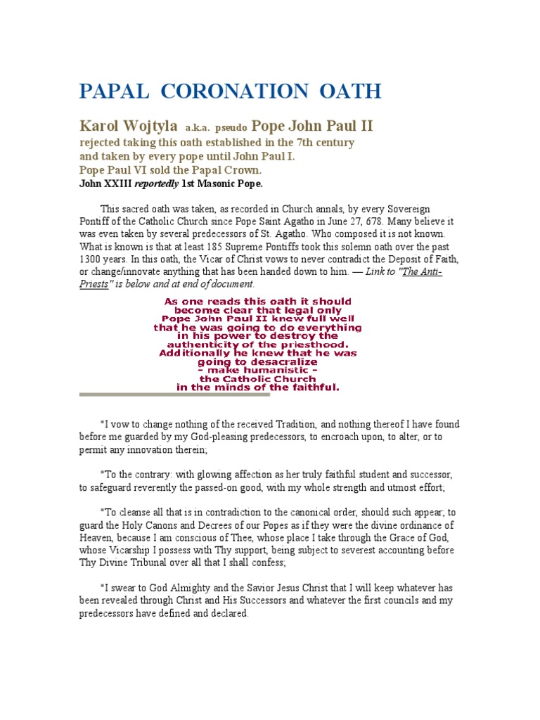 PAPAL Coronation oath | Roman Catholic Bishops | Pope