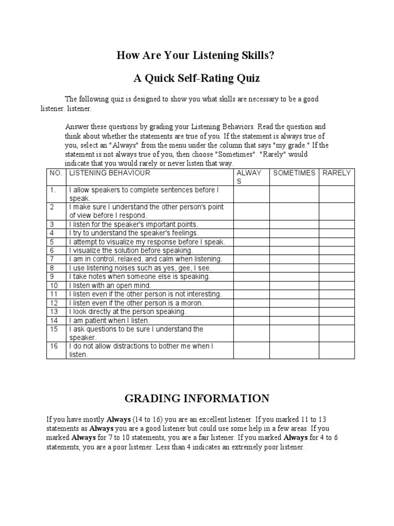 Listening Skills Self-Assessment Quiz | PDF | Question ...