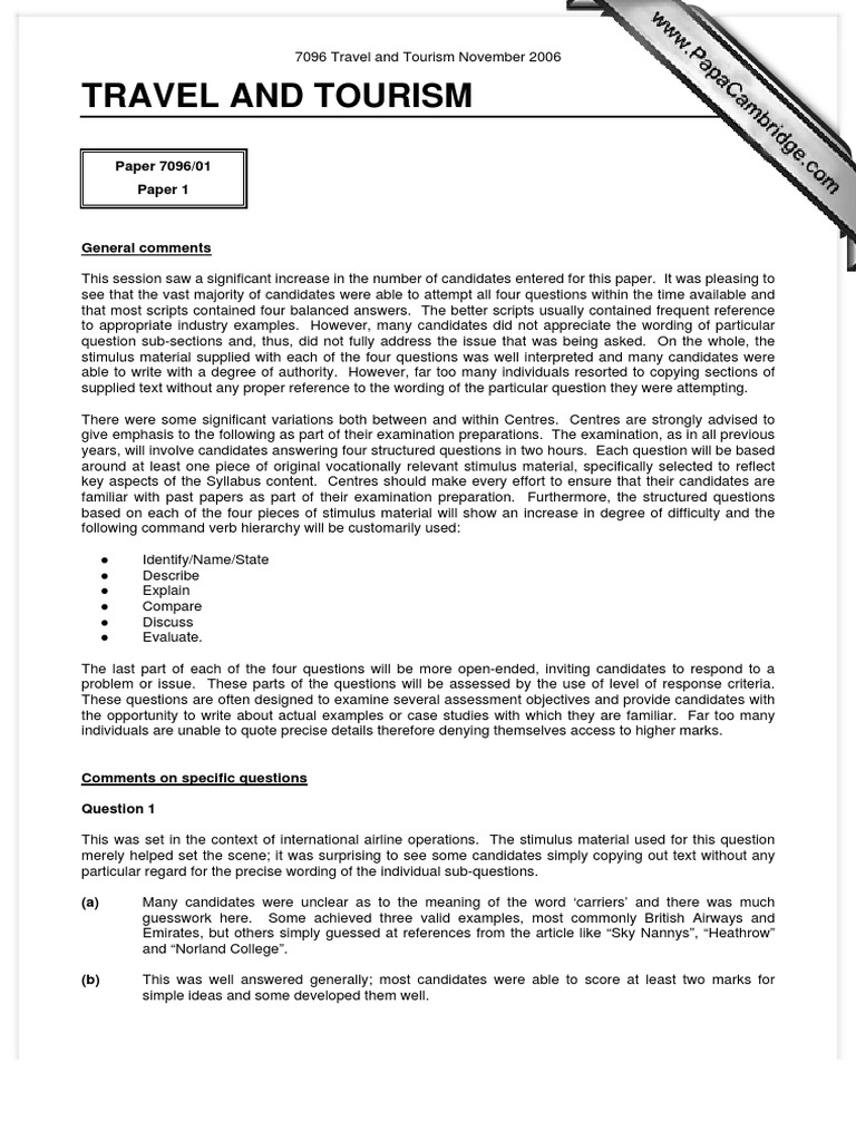 Travel and Tourism: Paper 7096/01 Paper 1 | PDF | Pricing | Question