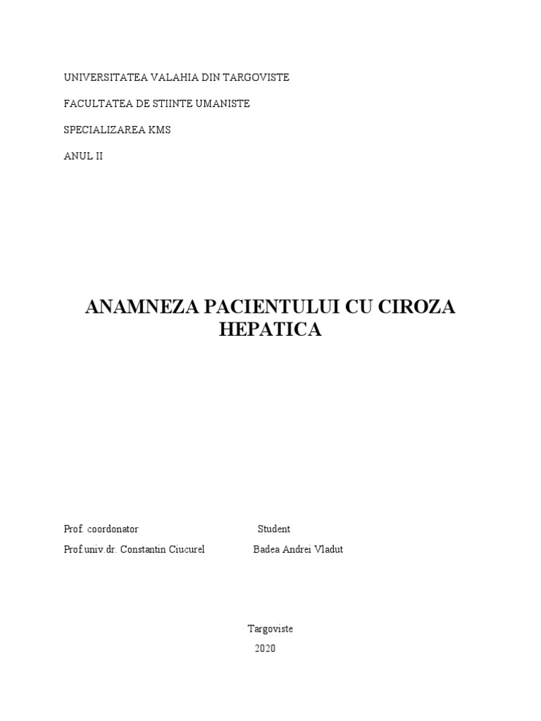 Anamneza Pacientului Cu Ciroza Hepatica - Pana Andreea Kineto II | PDF