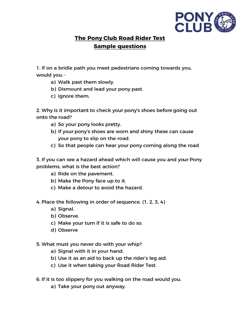 Road Rider Test Sample Questions | PDF