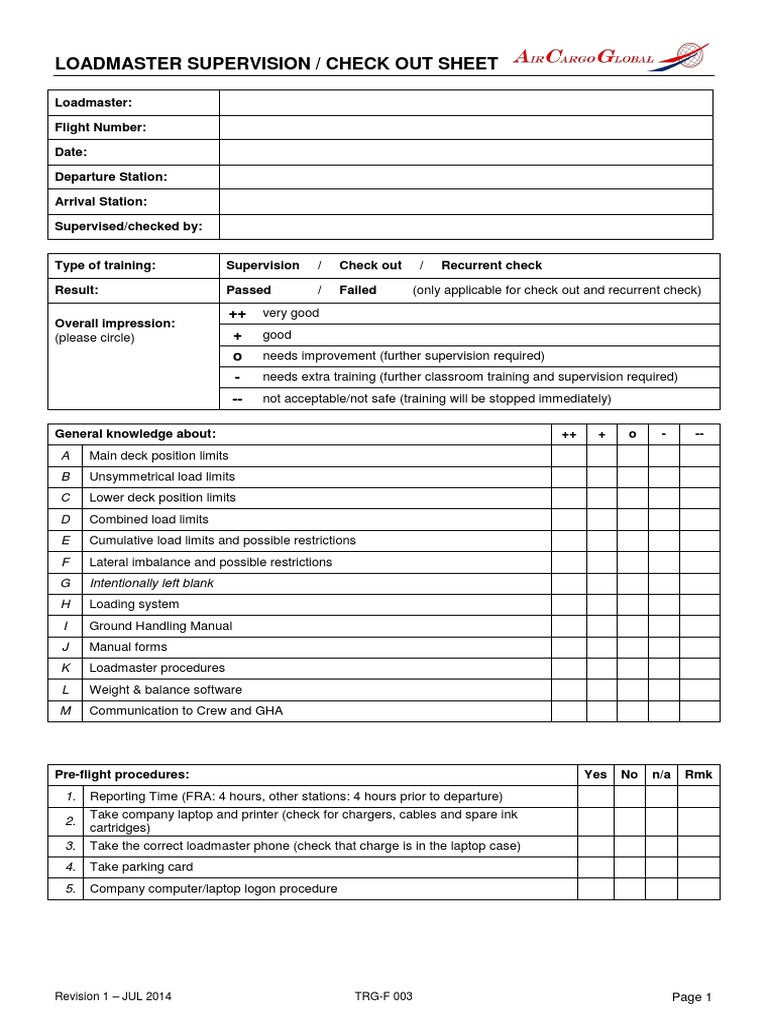 Loadmaster Supervision / Check Out Sheet: Revision 1 - JUL 2014 TRG-F ...
