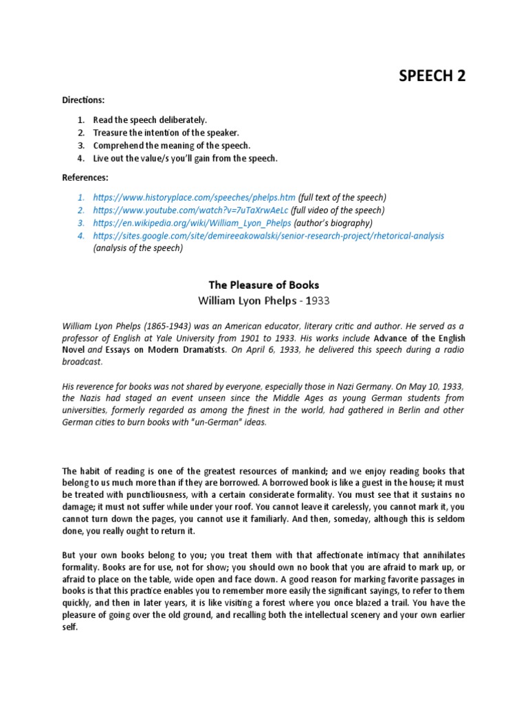 Speech 2: The Pleasure of Books | PDF | Books