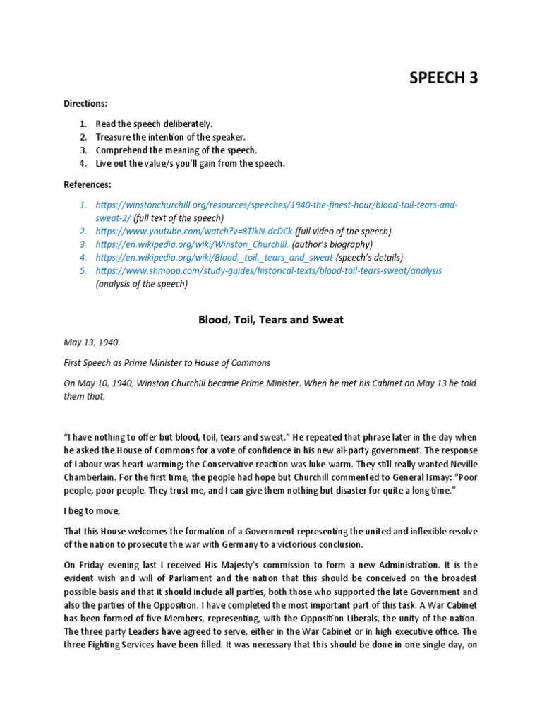 Speech 3: Blood, Toil, Tears and Sweat | PDF | Government | Unrest