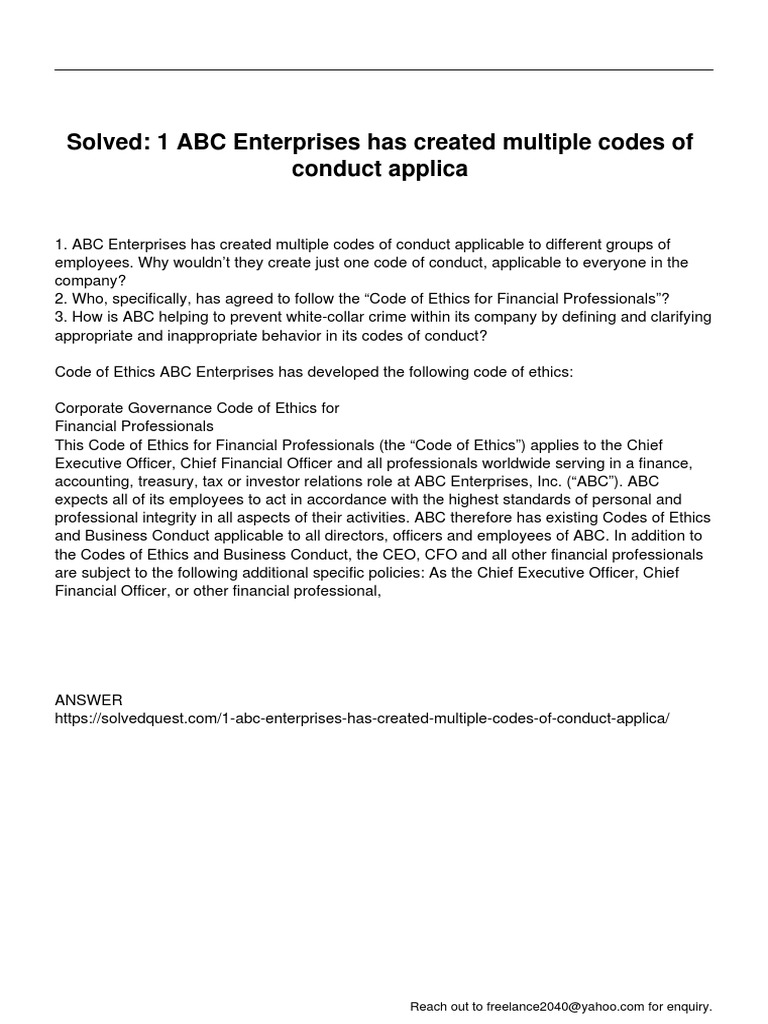 ABC Enterprises' Codes of Conduct Overview | PDF | Chief Financial ...