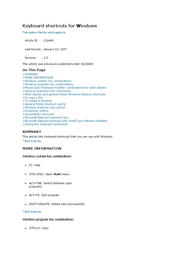Keyboard Shortcuts For Windows | PDF | Microsoft Windows | Keyboard ...