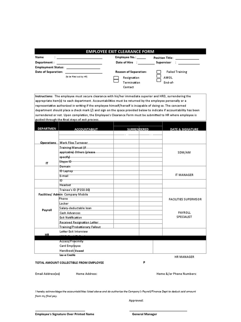 Employee Exit Clearance Form | PDF | Payroll | Employment