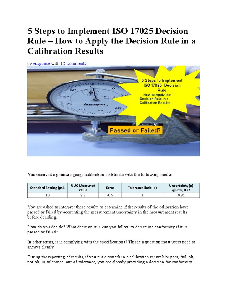 ISO 17025 Decision Rule Implementation | PDF | Calibration ...