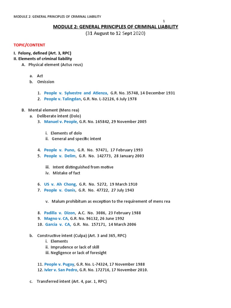 Module 2-General Principles of Criminal Liability | PDF | Mens Rea ...