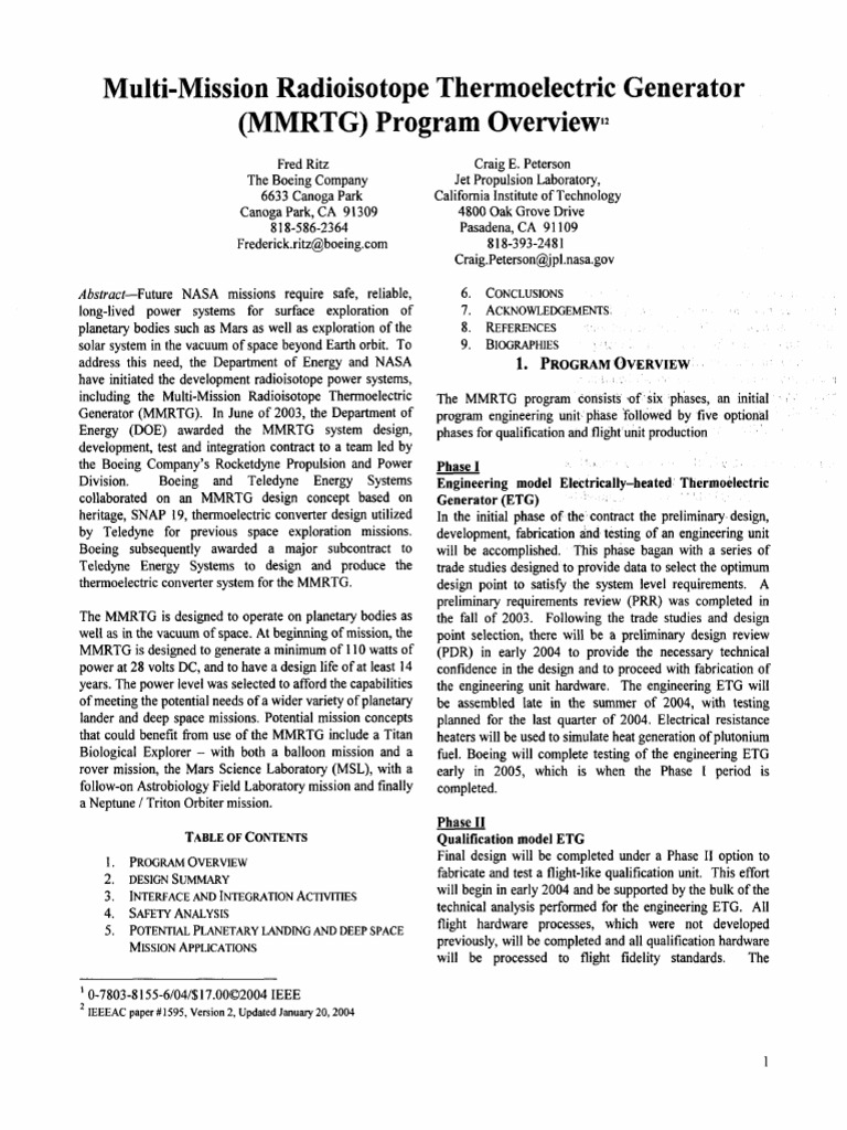 Multi-Mission Radioisotope Thermoelectric Generator (MMRTG) Program ...