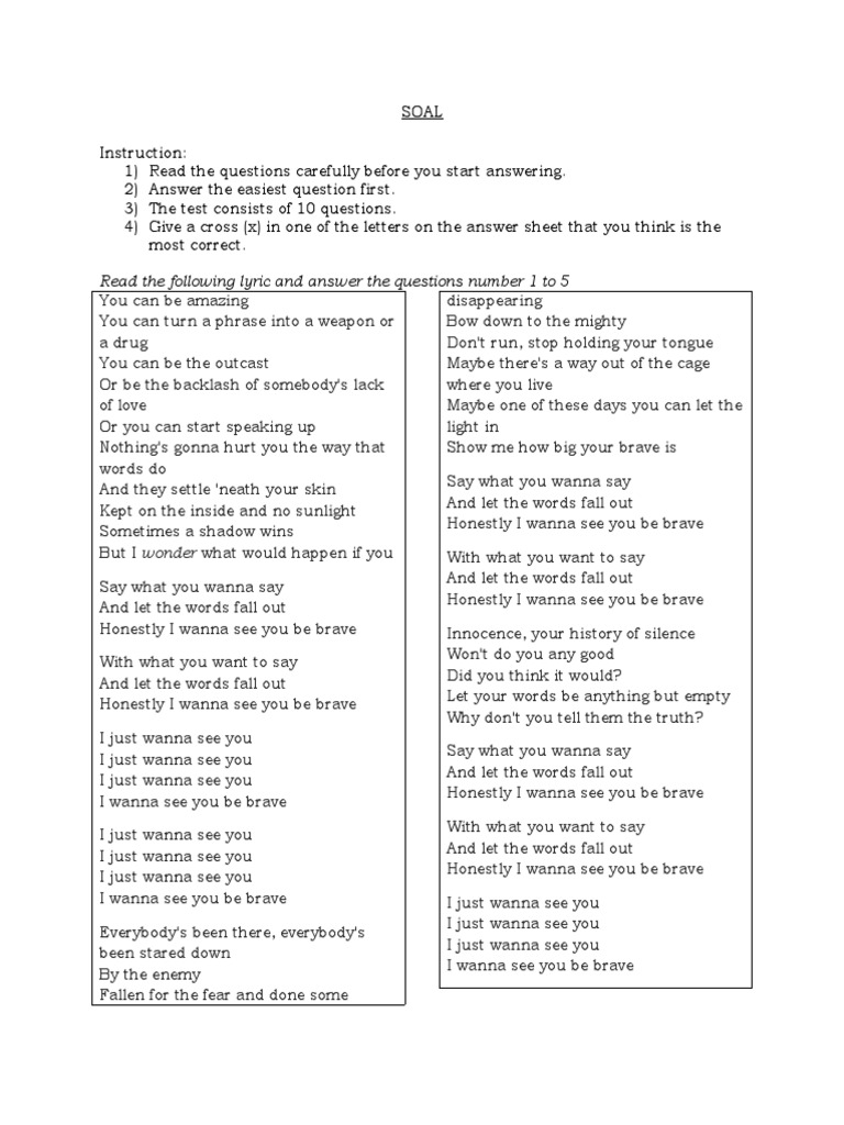 Analyzing "Brave" Lyrics and Themes | PDF