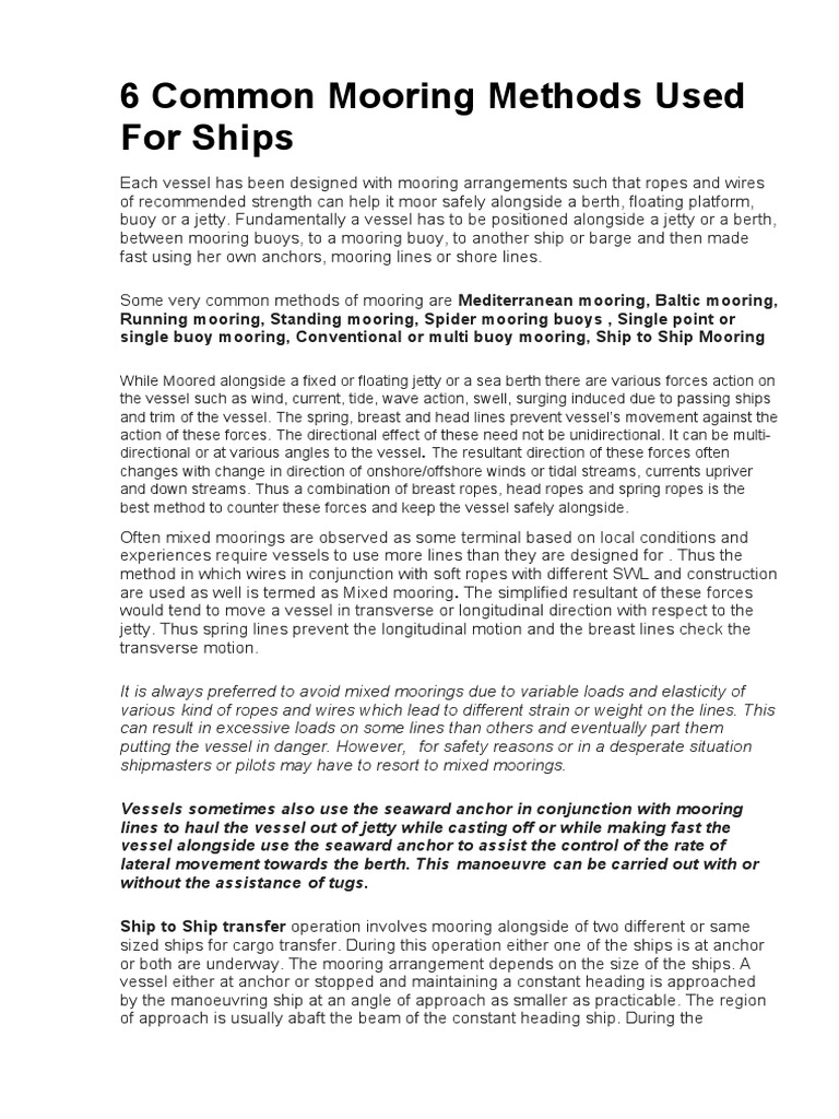 6 Common Mooring Methods Used For Ships | PDF | Anchor | Ships
