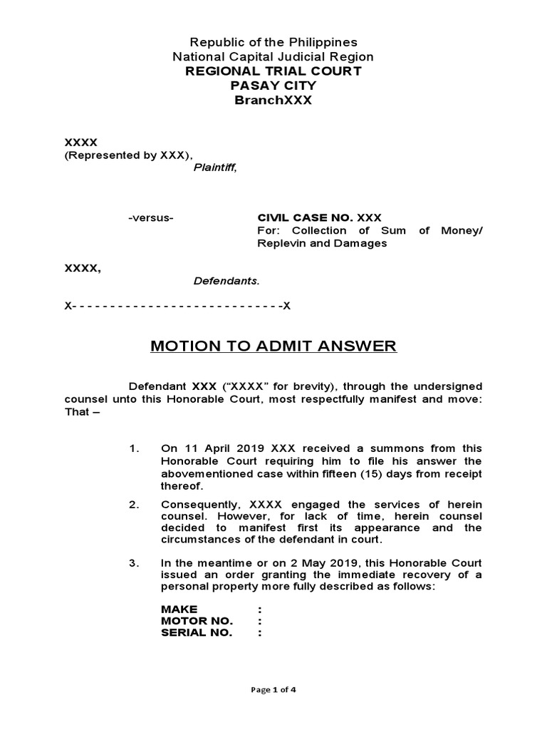 Motion To Admit Answer - Branch | PDF | Lawsuit | Complaint