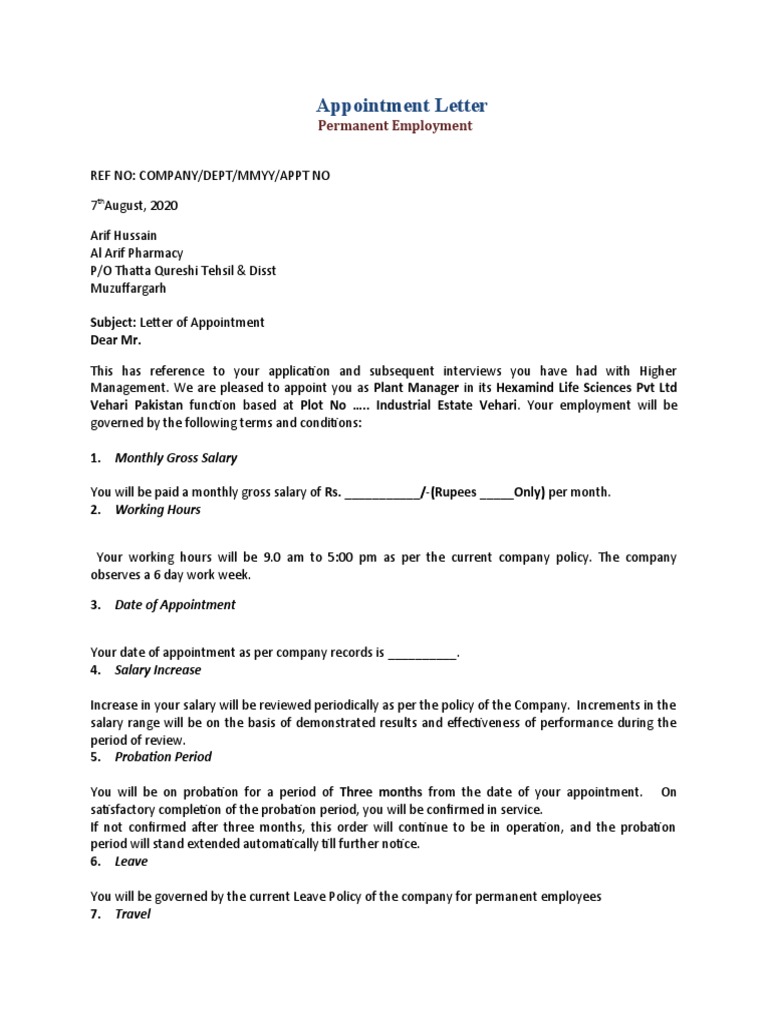 Appointment Letter | PDF | Employment | Civil Law (Legal System)