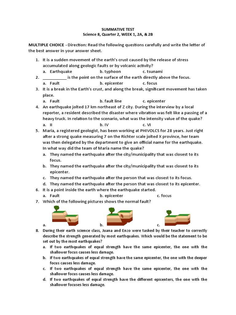 SUMMATIVE TEST Grade 8 Wek 1, 2a, 2b | PDF | Earthquakes | Disasters