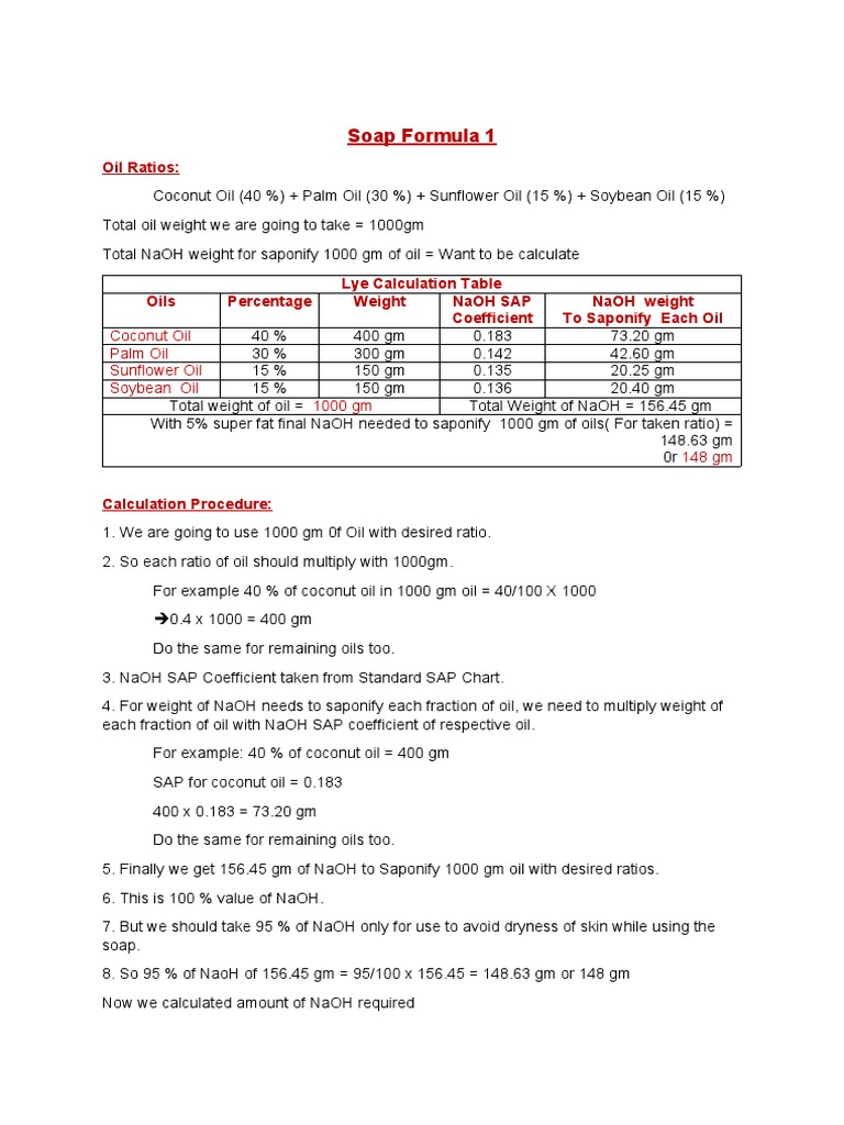 Soap Formula 1 Lye Calculation | PDF | Sodium Hydroxide | Chemical ...