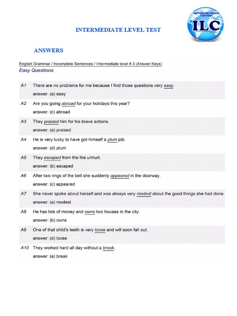 Intermediate Level Test-Answers | PDF