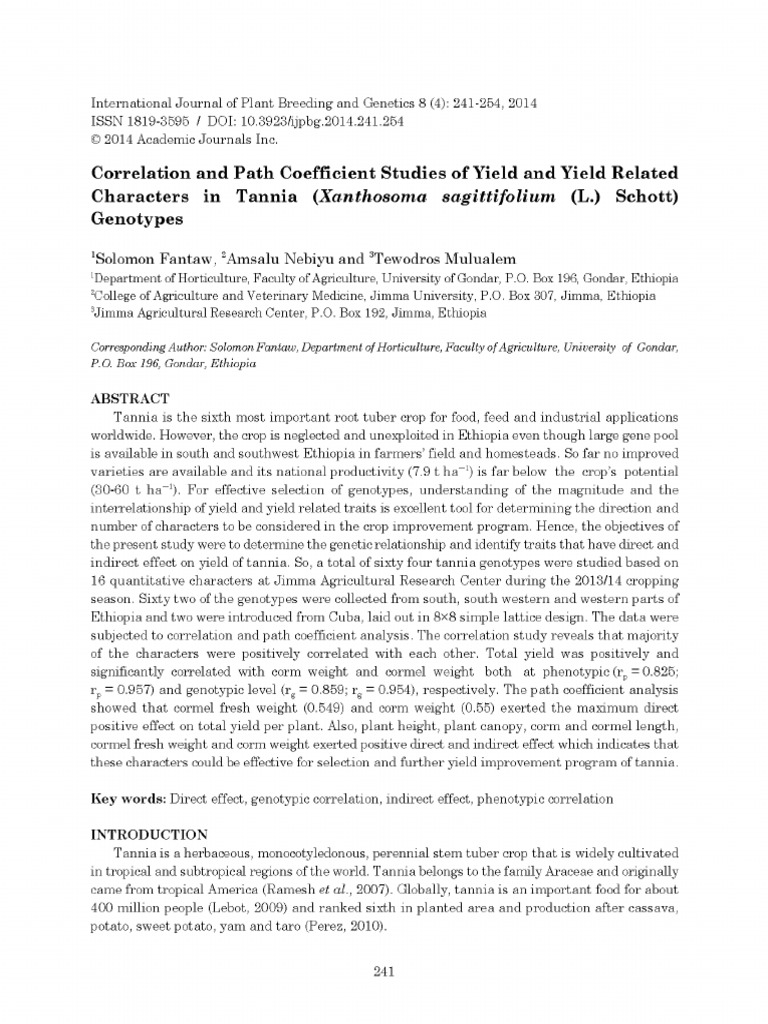 Solomon F. Correlation and Path-Coefficient Analysis of Yield and Yield Related Characters of ...