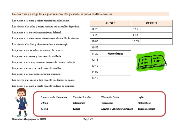 W.B 27.04 Mi Horario - Escolar Worksheet | PDF | Artes del Lenguaje y ...