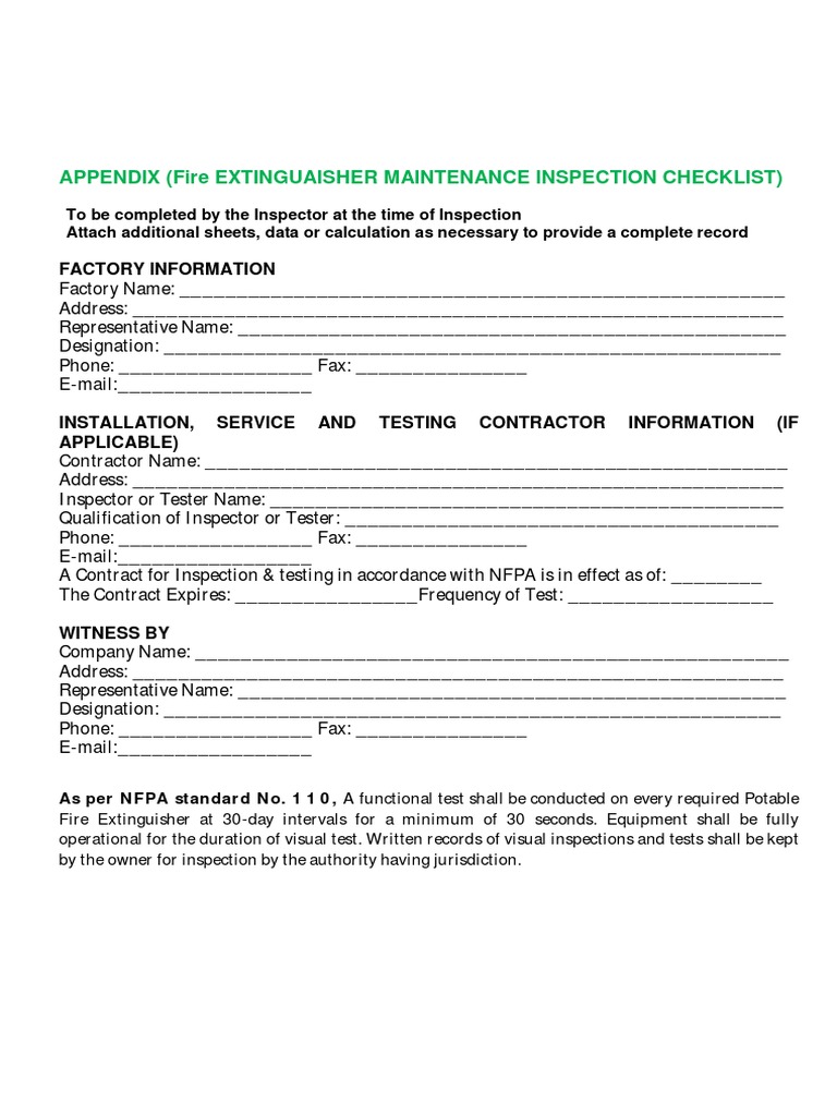 Fire EXTINGUISHER MAINTENANCE INSPECTION CHECKLIST | PDF