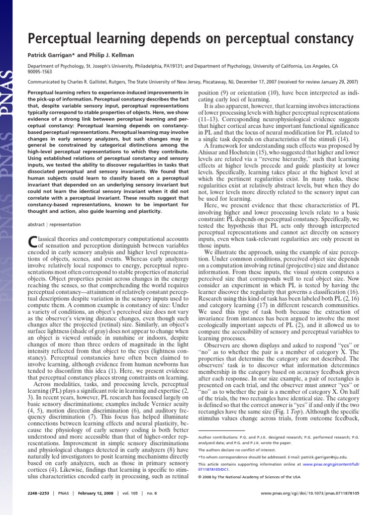 Garrigan (2008) Perceptual Learning Depends On Perceptual Constancy | PDF | Visual Cortex ...