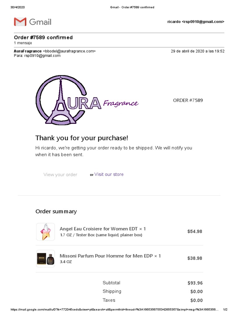 Gmail - Order #7589 Confirmed PDF | PDF | Google | Email