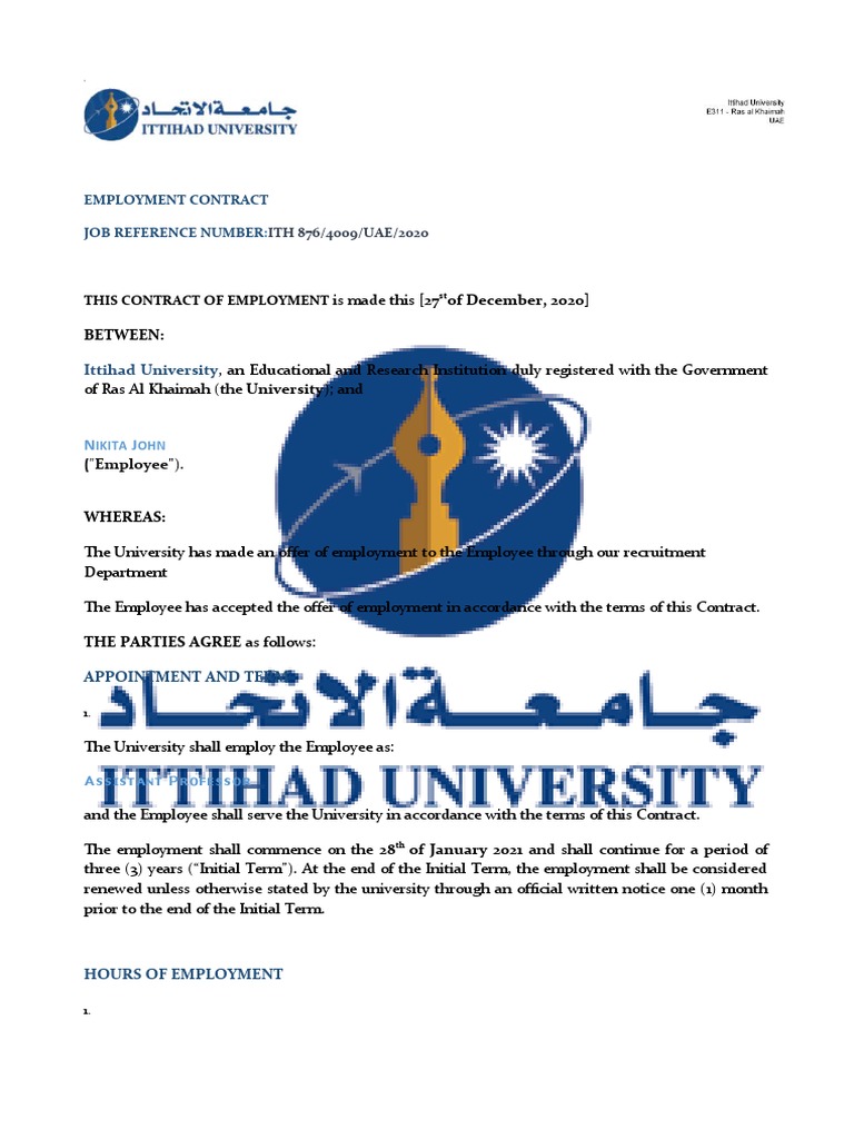 Ittihad University Employment Offer | PDF | Employment | Breach Of Contract