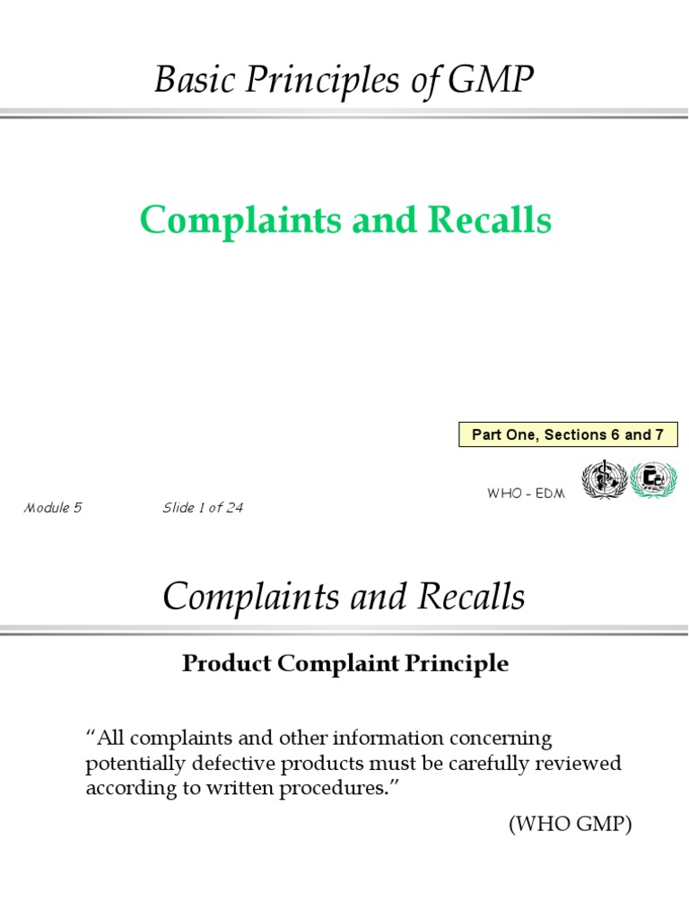 Basic Principles of GMP: Complaints and Recalls | PDF | Health Sciences ...