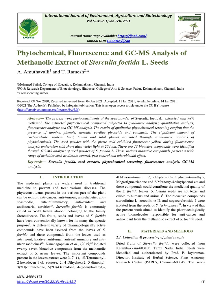 Phytochemical, Fluorescence and GC-MS Analysis of Methanolic Extract of Sterculia Foetida L ...