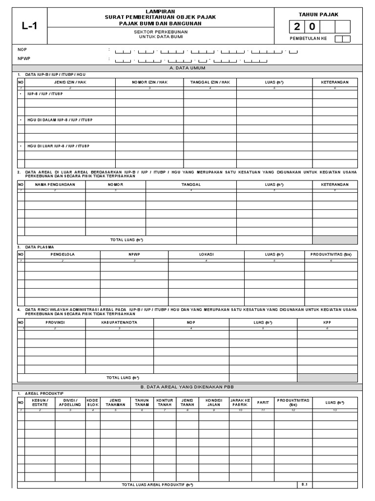 Formulir Lampiran SPOP L-1 PBB Sektor Perkebunan | PDF